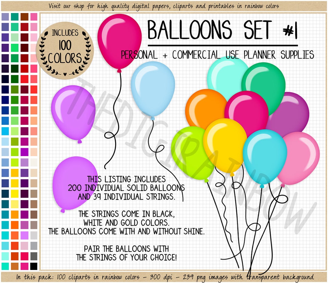 200 Balloon Clipart Rainbow Balloon Sticker Birthday Digital Paper ...