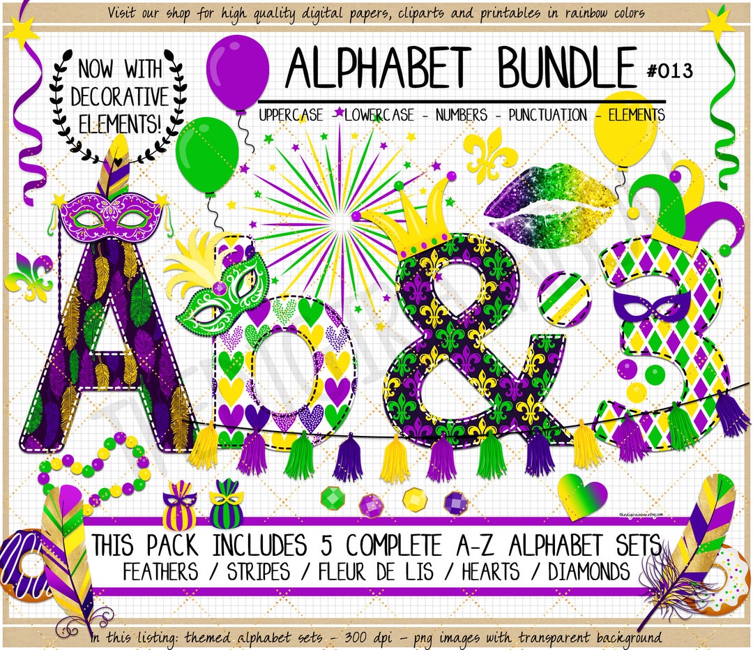 Mardi Gras Alphabet Clipart Fleur De Lis Letters Carnival Masquerade ...