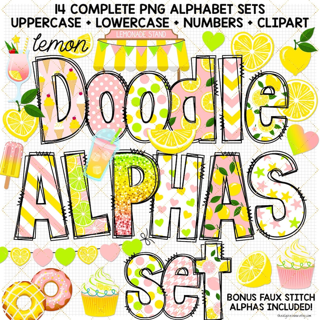 Pink Lemonade PNG Alphabet Doodle Lemon Font Faux Stitch Alpha Bundle ...