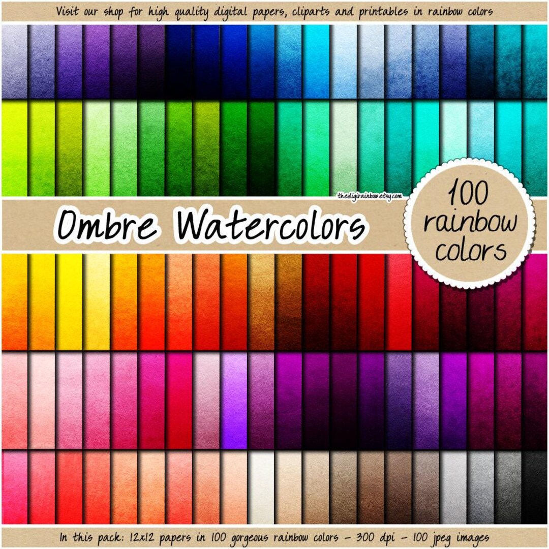 100 Ombre Watercolor Digital Paper Rainbow Watercolor Texture Painted ...