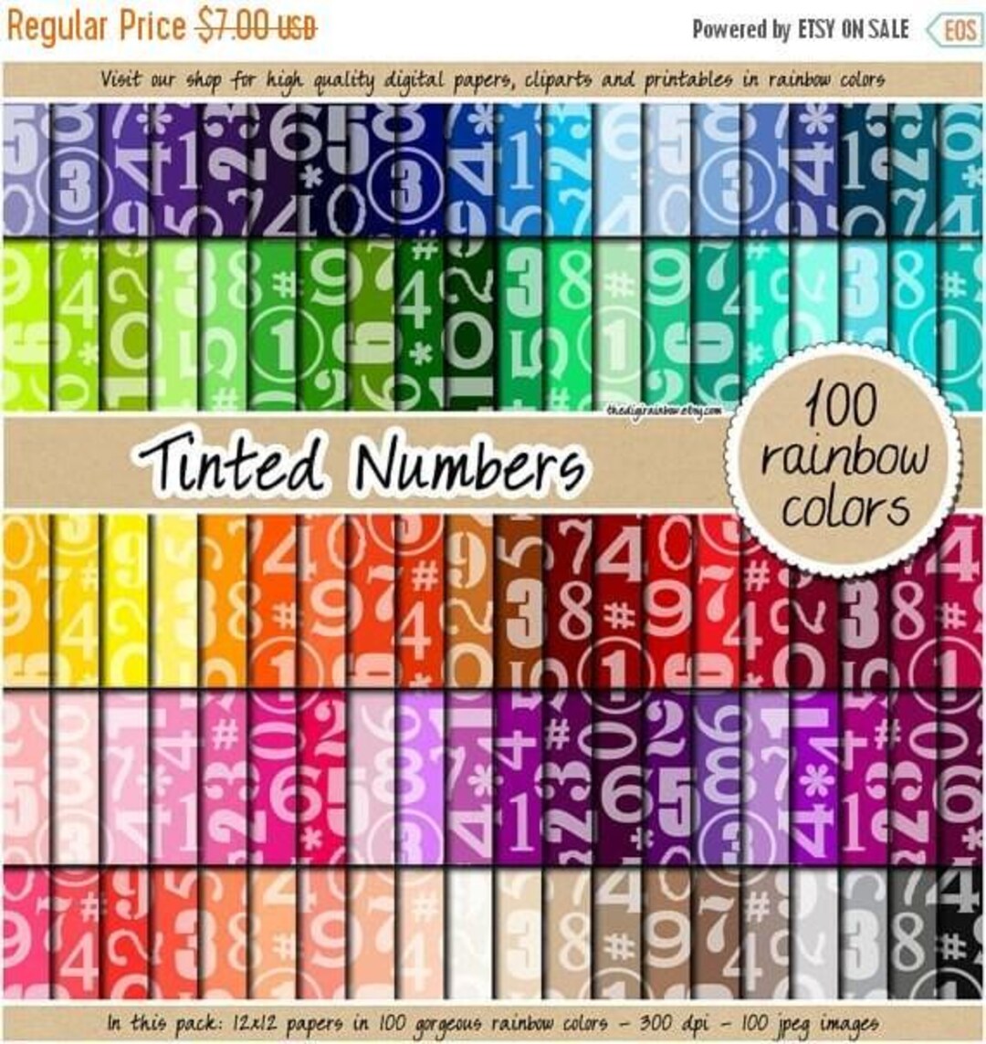 100 Number Digital Papers Printable Letter Wall Art Digital Rainbow ...