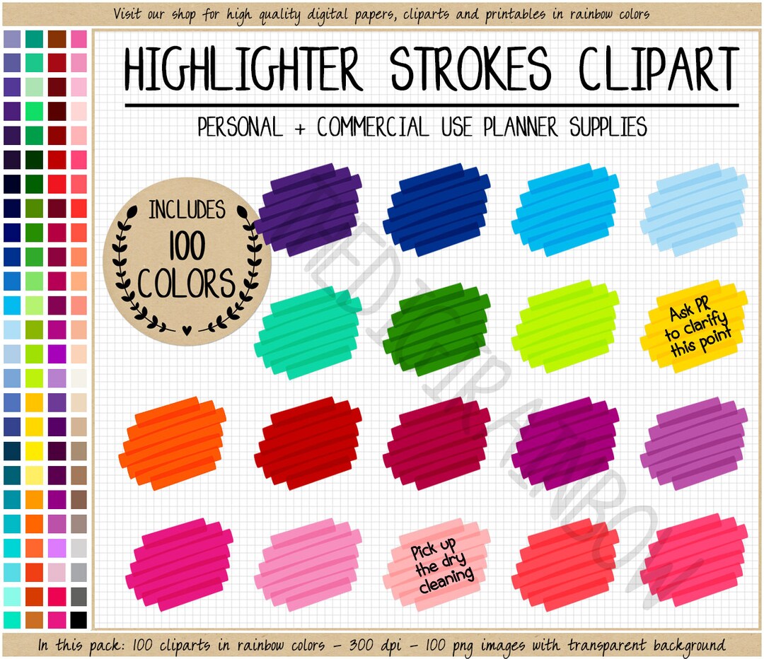 SALE 100 HIGHLIGHTER STROKE Clipart Pencil Smudge Sticker Rainbow Paint ...