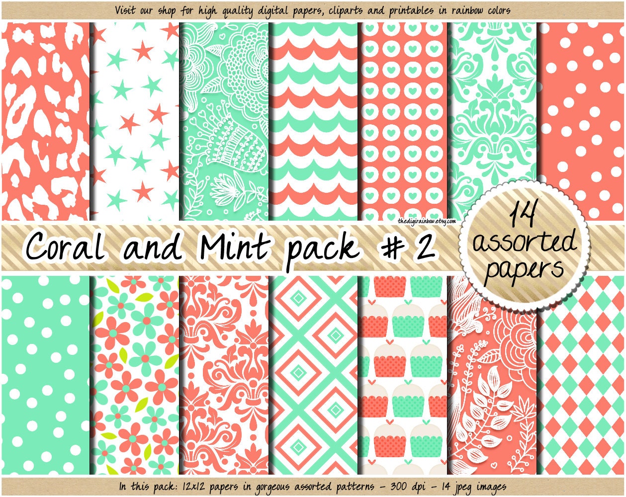 SALE Coral and Mint Digital Paper Nautical Digital Paper for - Etsy