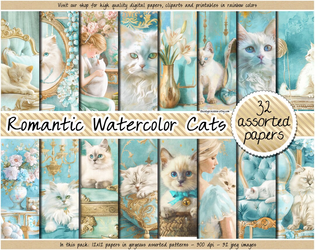 Watercolor Cats Digital Paper, Something Blue Vintage Texture Gold ...