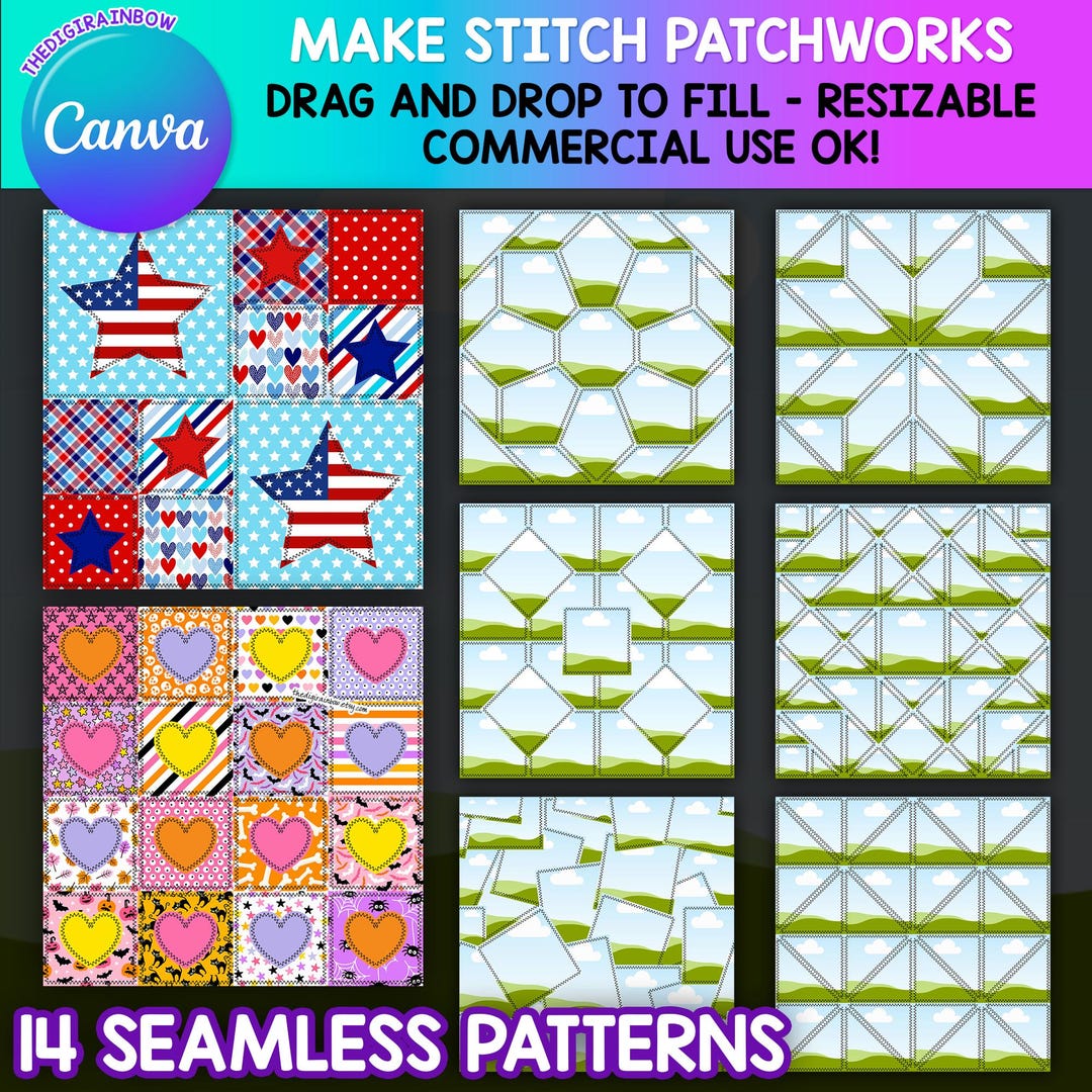 Patchwork CANVA Template Bundle, Make Your Own Seamless Patchwork Patterns, Blank Stitch ...