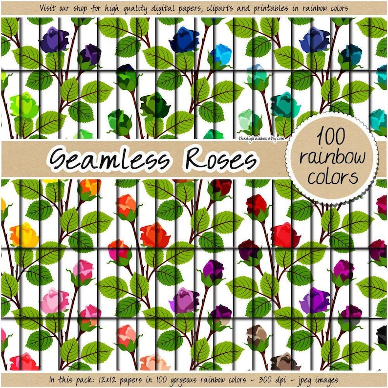 100 Seamless Rose Digital Paper Wedding Invitation Rainbow Floral ...