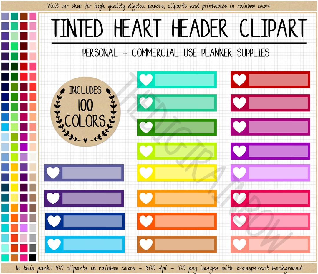 SALE 100 HEART HEADER Sticker Rainbow Heart Clipart Heart Box Digital ...