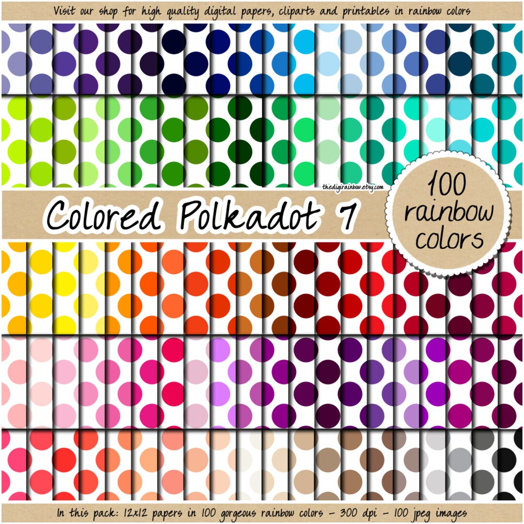 100 Rainbow Polkadot Digital Paper Seamless Printable Background Polka ...