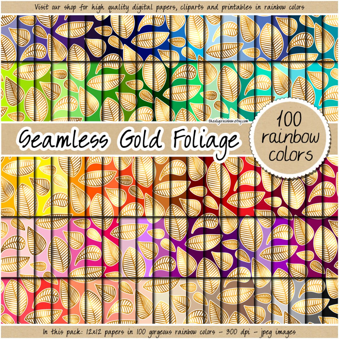 100 SEAMLESS Gold Leaf Digital Paper Floral Background Printable Gold ...