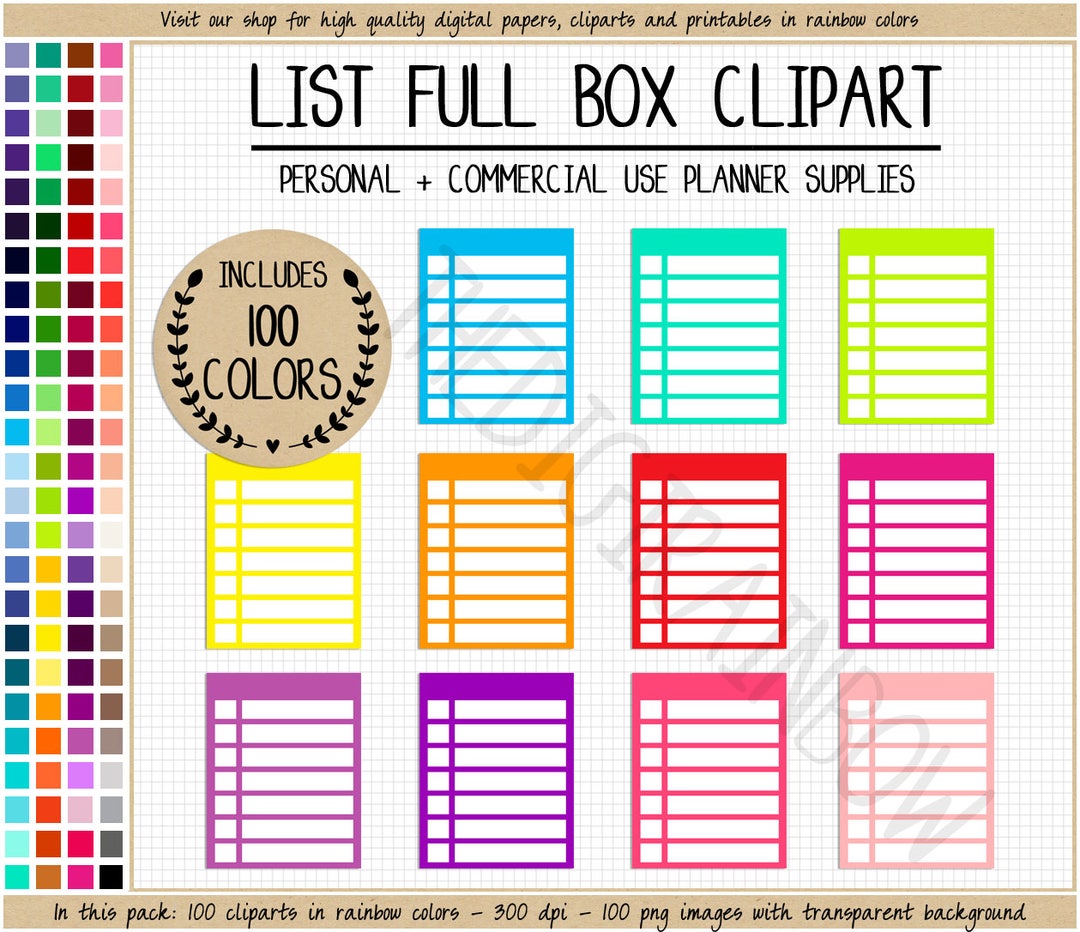 SALE 100 Checklist Full Box Clipart List Full Box Rainbow Planner ...