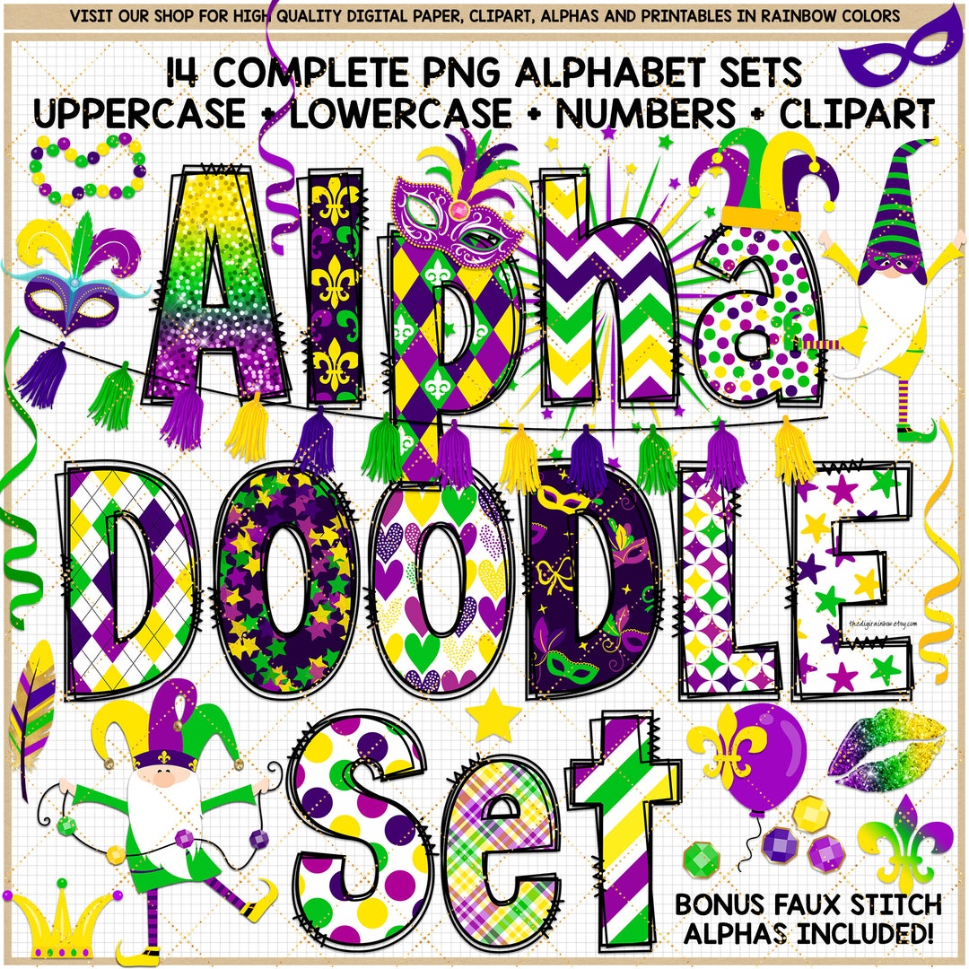 Mardi Gras Alphabet clipart Fleur de Lis letras carnaval mascarada perla pegatina oro pluma ...