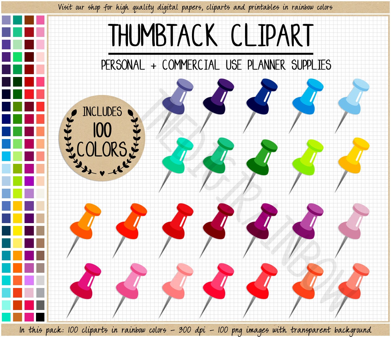 SALE 100 THUMBTACK clipart thumbtack stickers paper clip | Etsy
