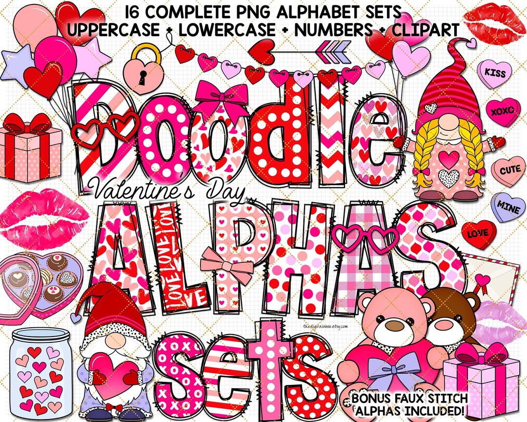 Valentine's Day Doodle Alphabet Pink Gnome PNG Letters Cute Girly Font ...