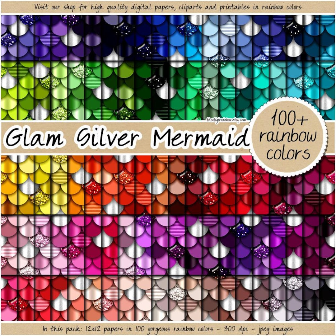 100 SEAMLESS Luxury Mermaid Digital Paper Rainbow Silver Sequin Pattern ...