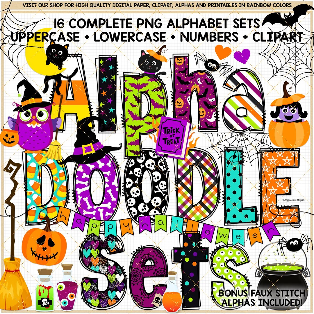 Halloween PNG Alphabet Doodle Font Black Cat Clipart Jack O Lantern ...