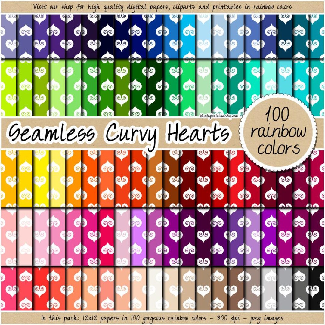 100 SEAMLESS Heart Digital Paper Valentine's Day Digital Paper Rainbow ...