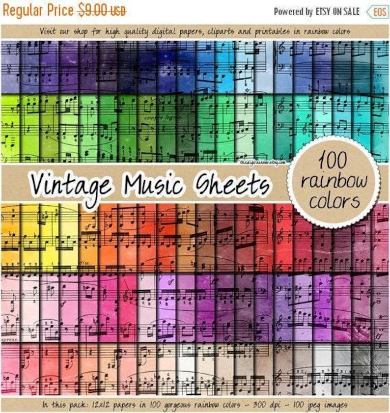 SALE 100 Music Sheet Digital Paper Vintage Watercolor Digital Paper ...