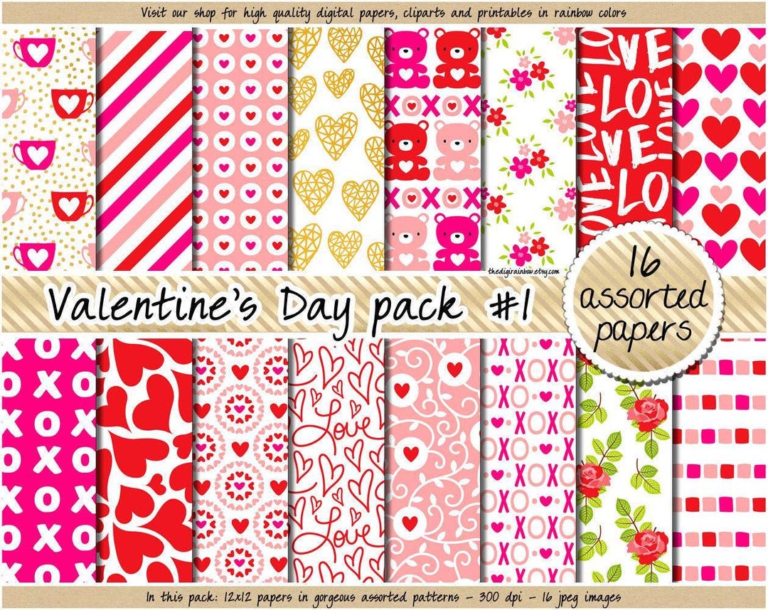 SALE Valentine's Day Digital Paper Romantic Clipart Red Pink Wedding ...