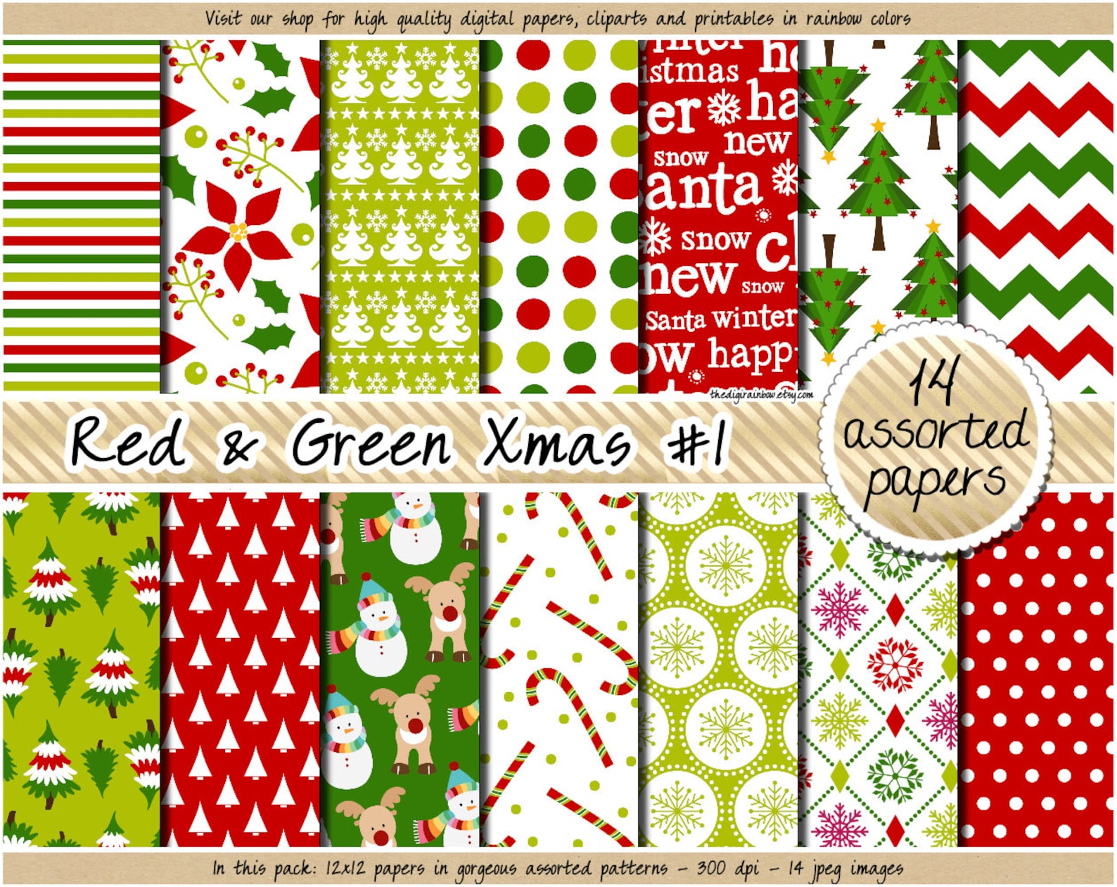 SALE Christmas Digital Paper Red and Green Christmas Digital - Etsy UK
