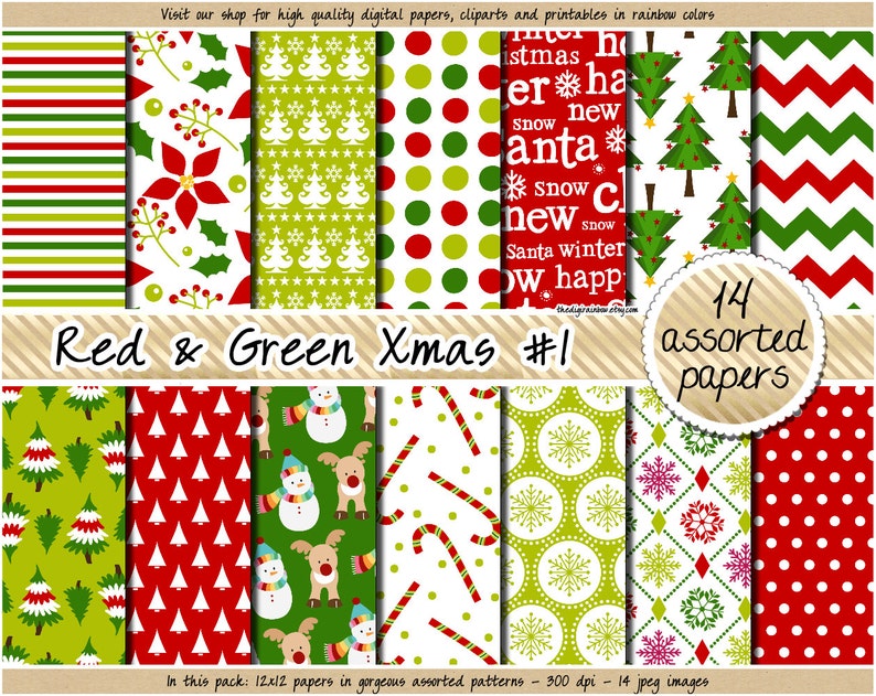 SALE Christmas Digital Paper Red and Green Christmas Digital - Etsy UK