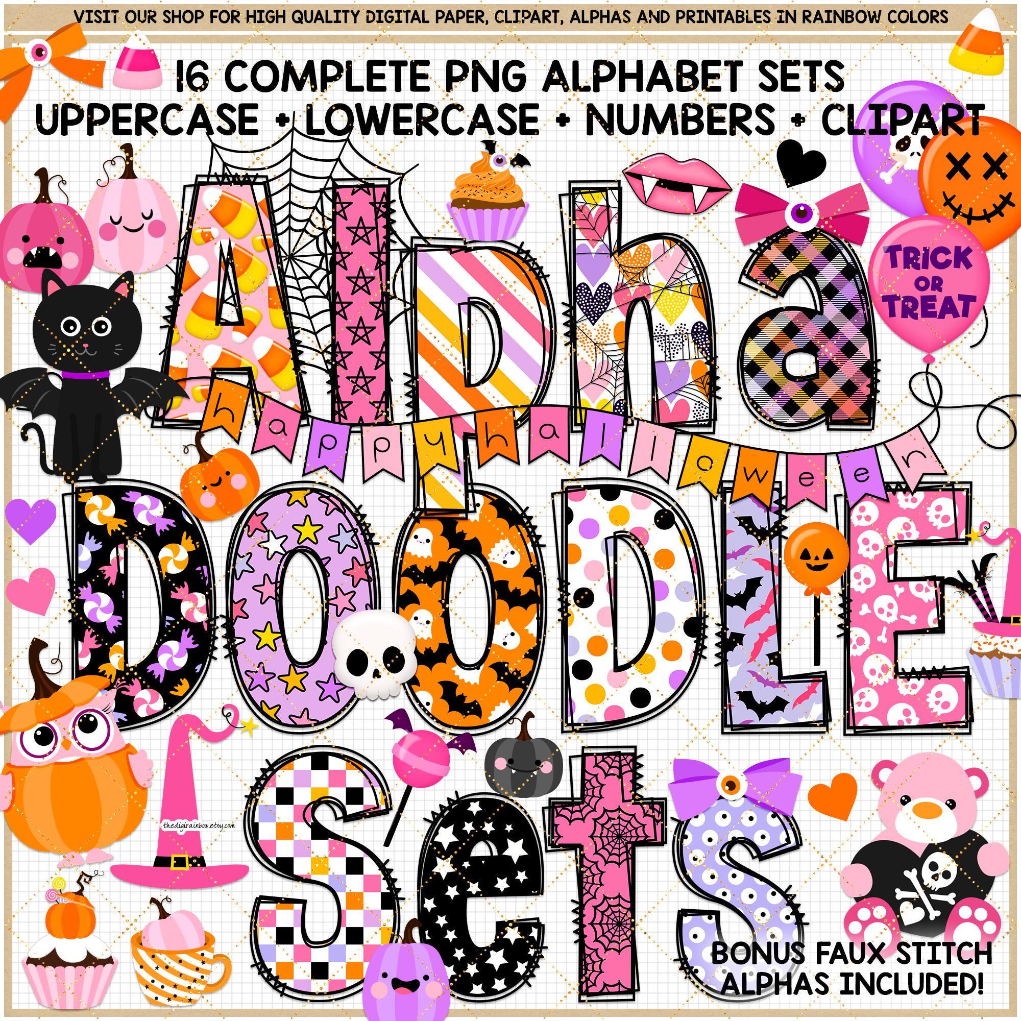 Pink Halloween Doodle Alphabet PNG Font Coquette Bow Pumpkin Clipart ...