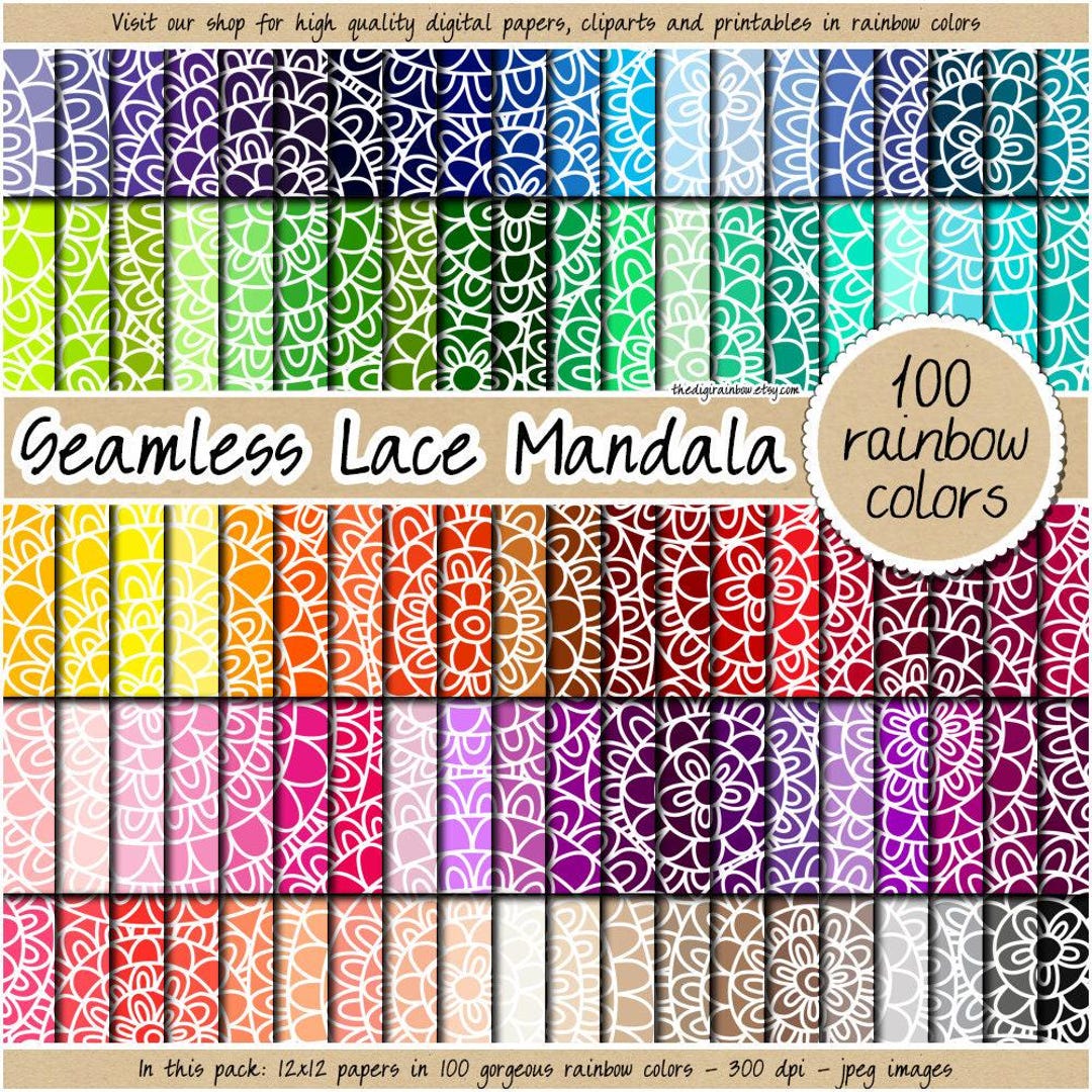 100 Lace Digital Paper Seamless Mandala Pattern Rainbow Floral ...