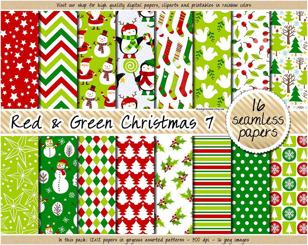 Christmas Digital Paper Printable Red and Green Seamless Pattern ...
