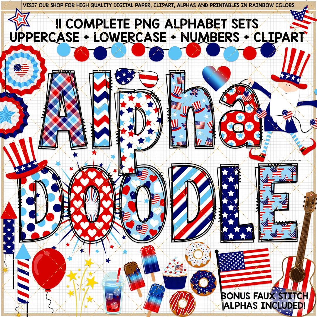 Patriotic Doodle Alphabet 4th of July PNG Font I Love USA Clipart Faux ...
