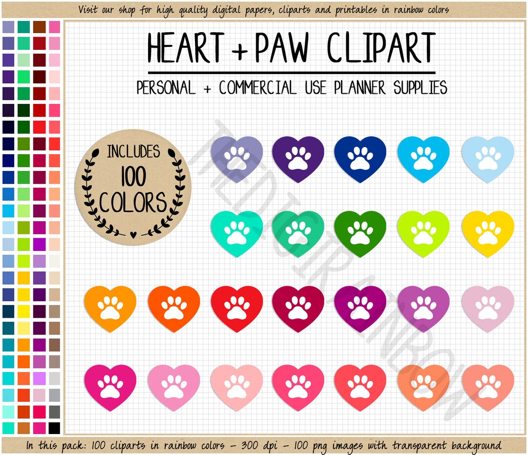 SALE 100 HEART PAW Print Clipart Dog Clipart Cat Clipart Paw Print ...