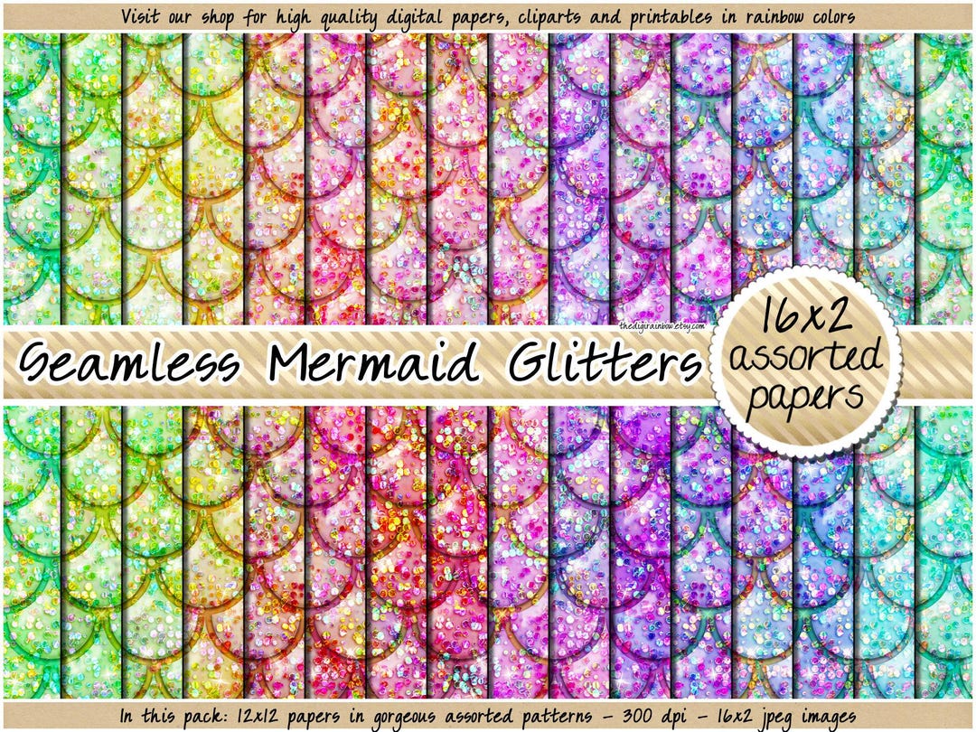 SEAMLESS Mermaid Princess Digital Paper Holographic Glitter Pattern ...