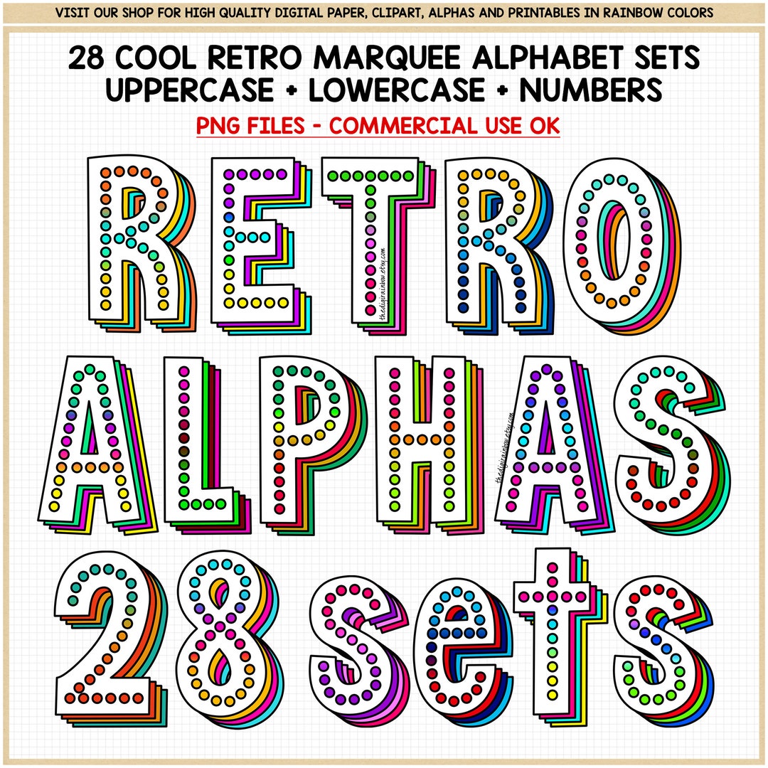 Retro Alphabet PNG Marquee Letters Groovy Alpha Dot Light Font Rainbow ...