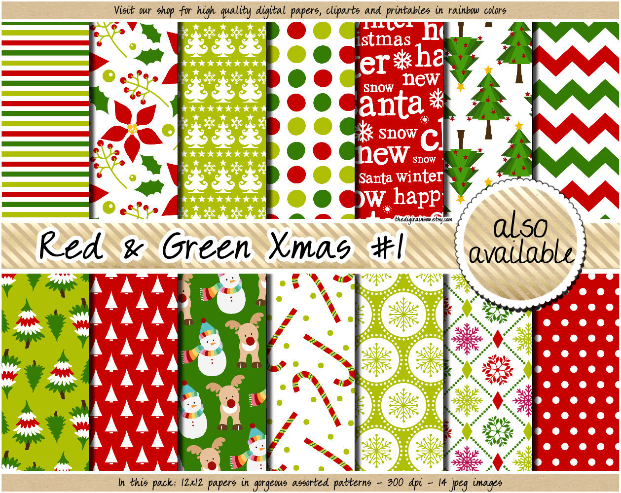 SALE Christmas Digital Paper Red and Green Christmas Digital | Etsy