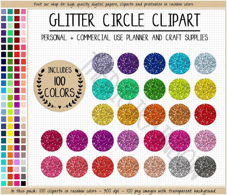 SALE 100 GLITTER Circle Clipart Glitter Round Sticker Rainbow Glitter ...