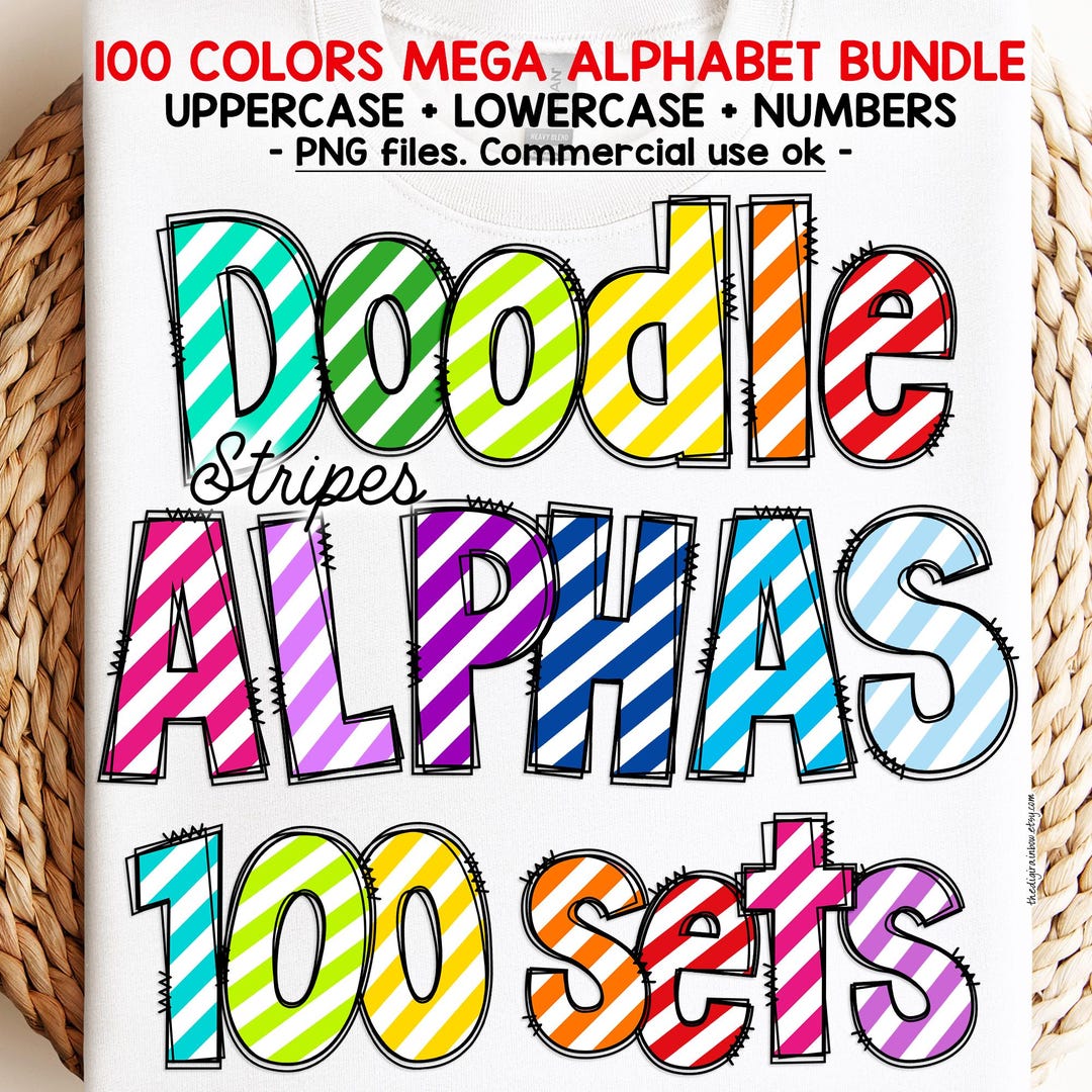 100 Doodle Alphabet PNG Bundle in Rainbow Colors, Bright Sublimation ...