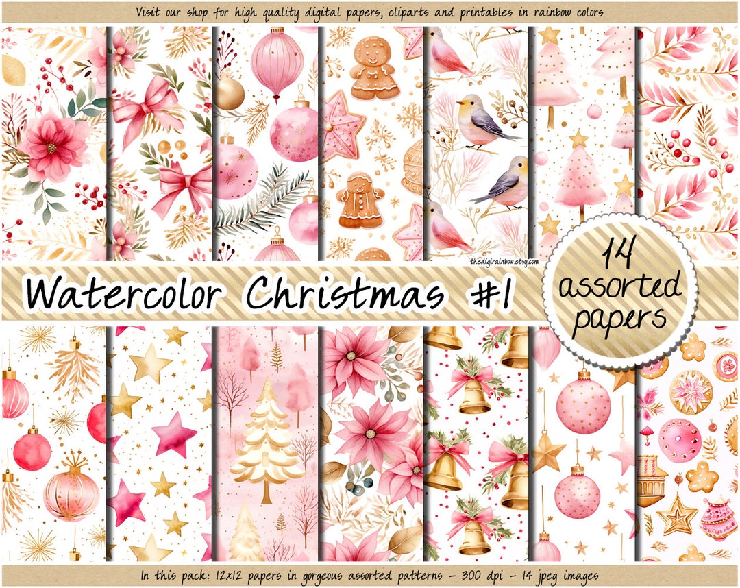 SEAMLESS Gold and Pink Christmas Digital Paper Vintage Watercolor ...