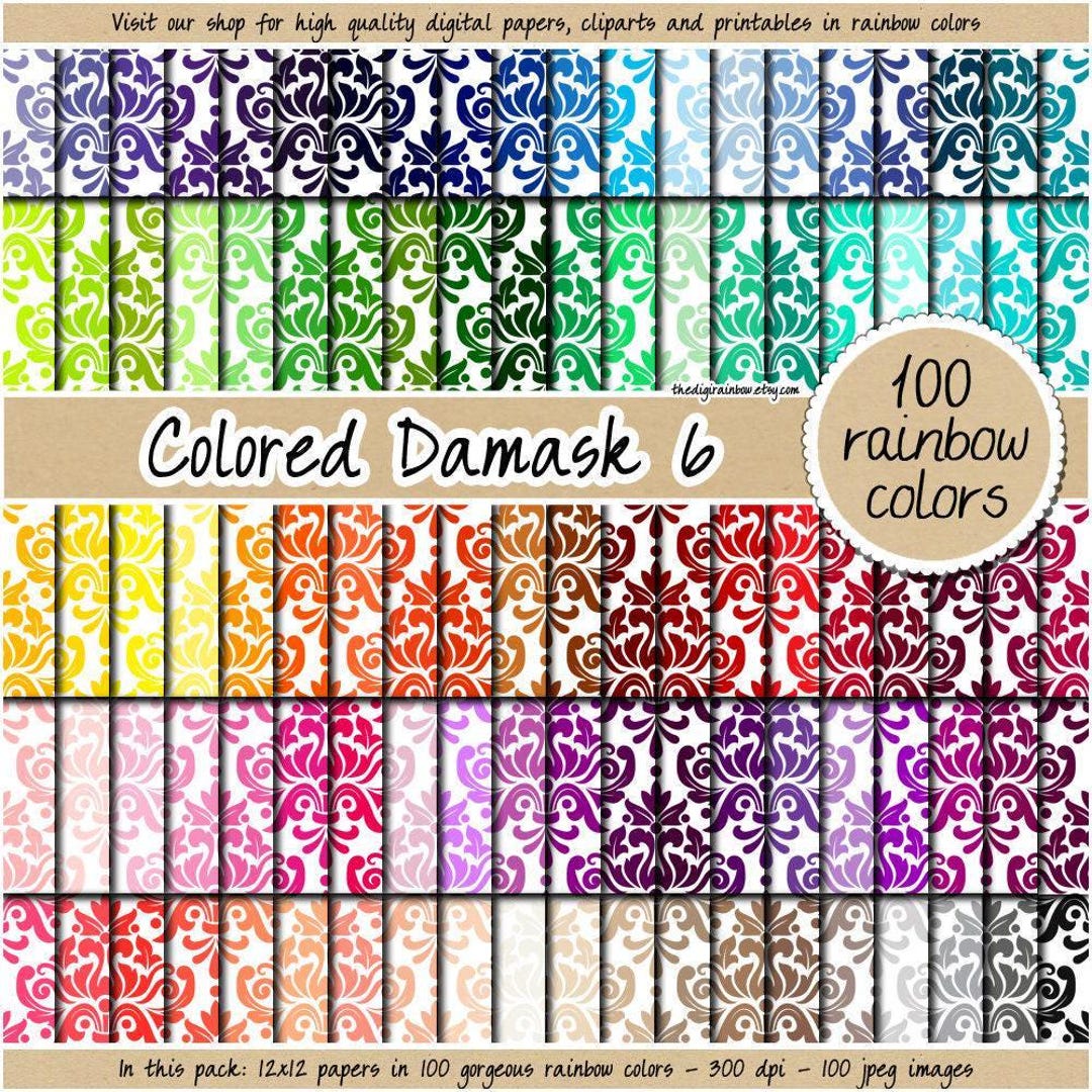 100 Rainbow Damask Digital Paper Seamless Damask Pattern Printable ...