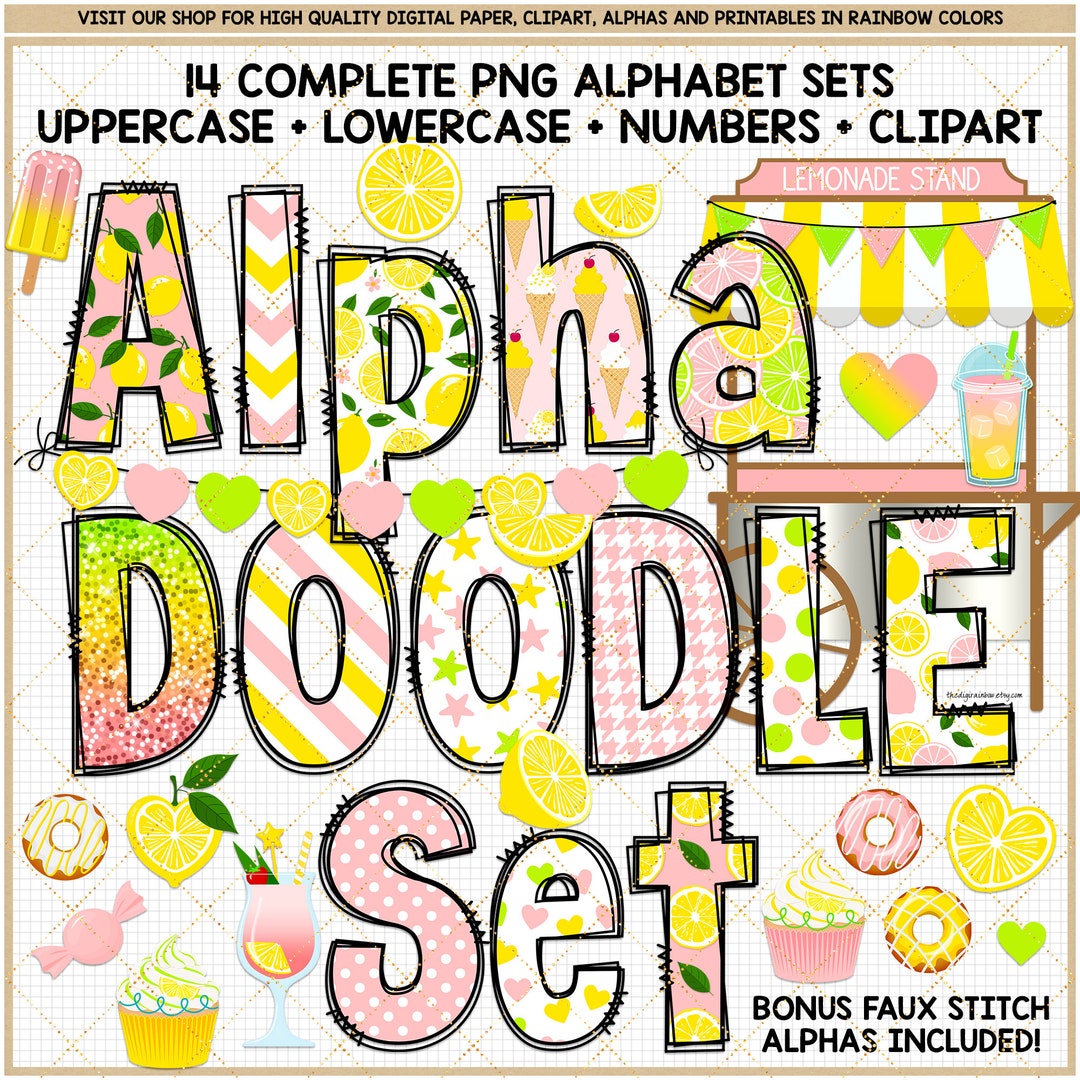 Pink Lemonade PNG Alphabet Doodle Lemon Font Faux Stitch Alpha Bundle ...