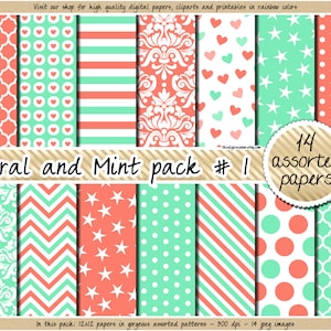 SALE Coral and Mint Digital Paper Pastel Digital Paper Scrapbooking in ...