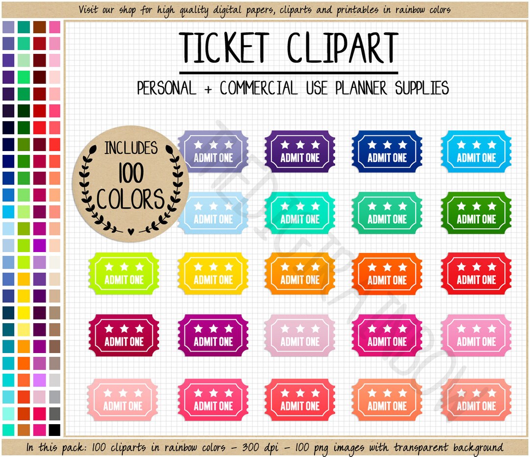 SALE 100 TICKET Clipart Rainbow Movie Ticket Stickers Circus Clipart ...