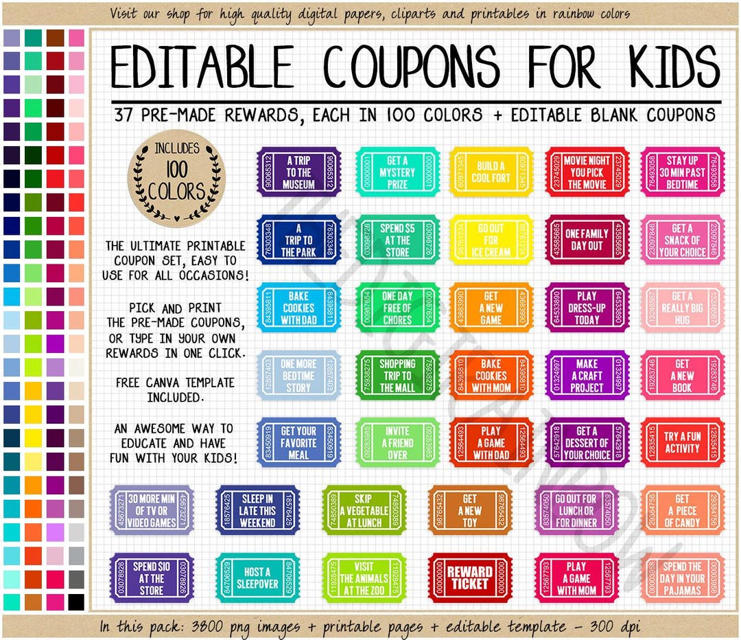 EDITABLE REWARD COUPONS Clipart Printable Reward Tickets Rainbow Blank ...