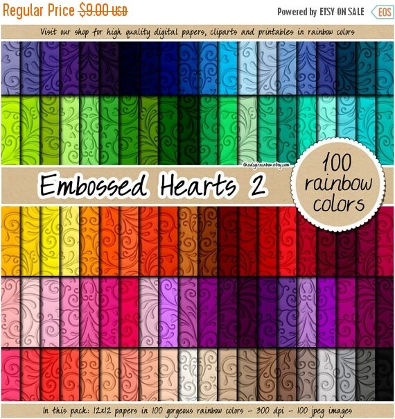 SALE 100 Heart Digital Paper Embossed Pattern Rainbow Wedding - Etsy