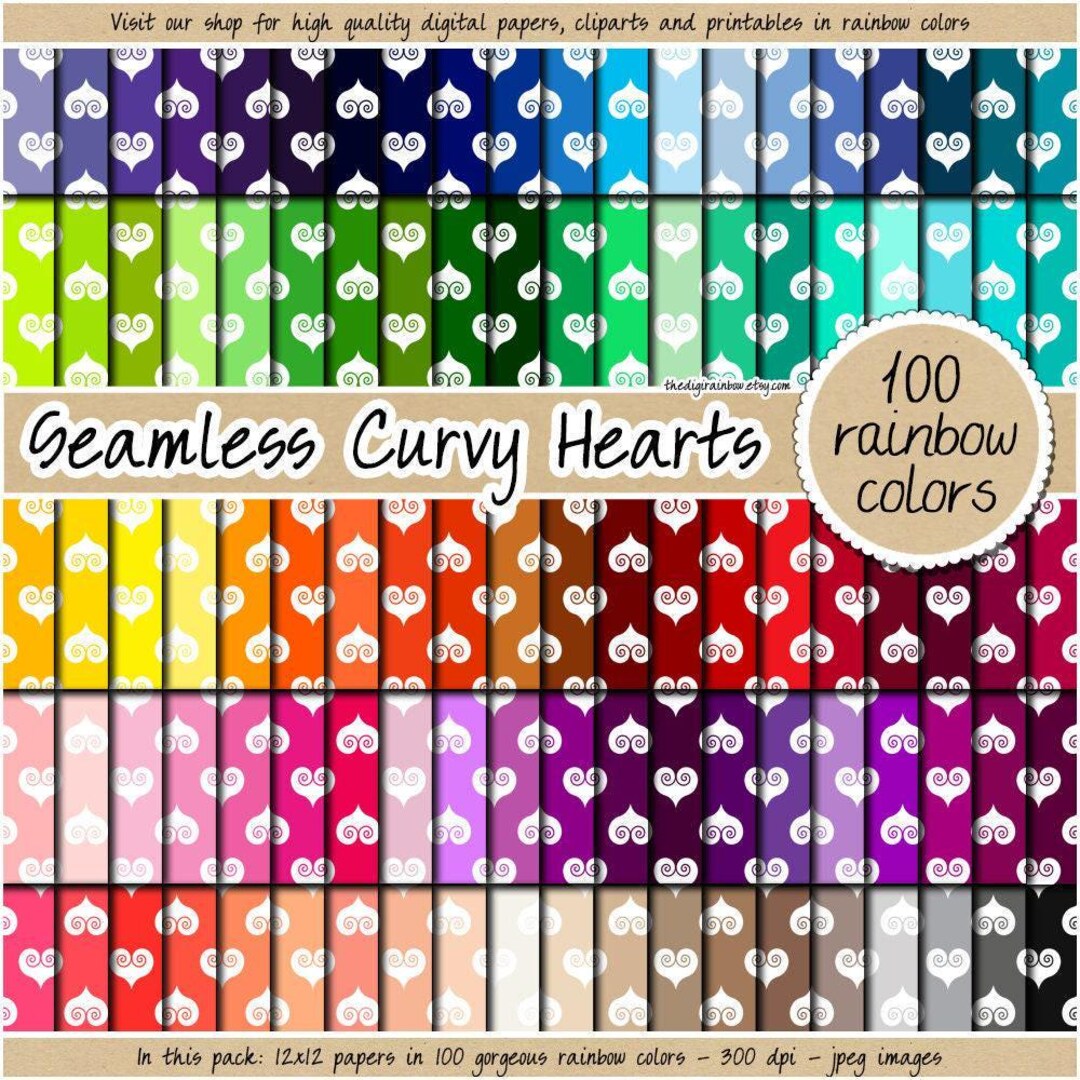 100 SEAMLESS Heart Digital Paper Valentine's Day Digital Paper Rainbow ...