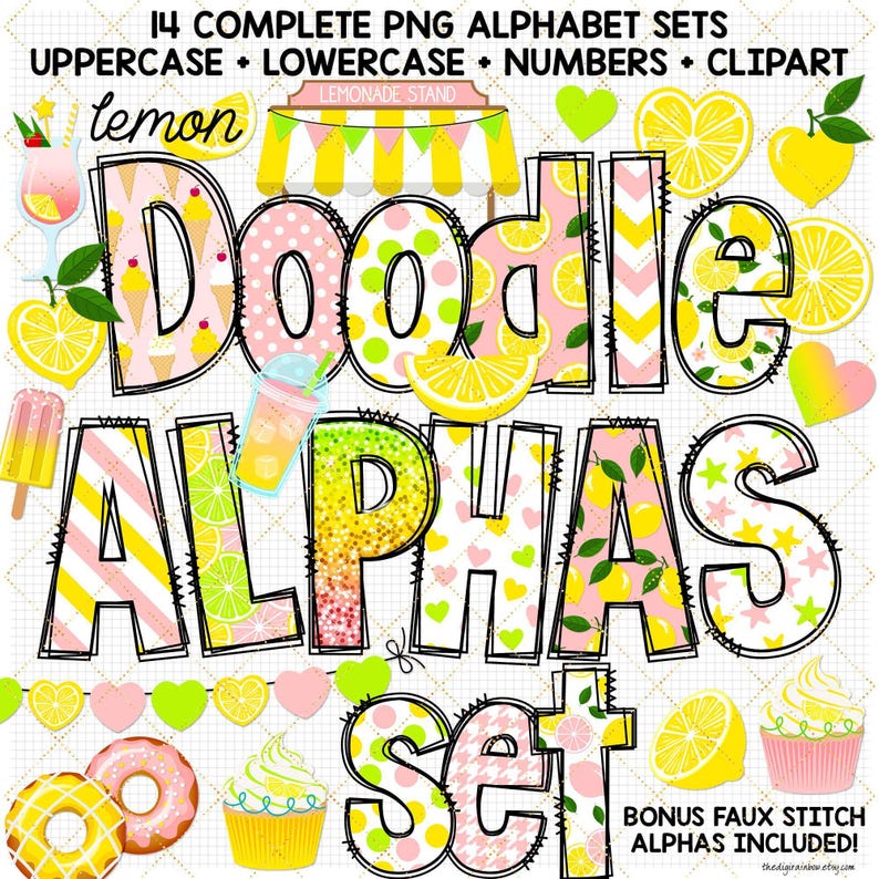 Pink Lemonade PNG Alphabet Doodle Lemon Font Faux Stitch Alpha Bundle ...