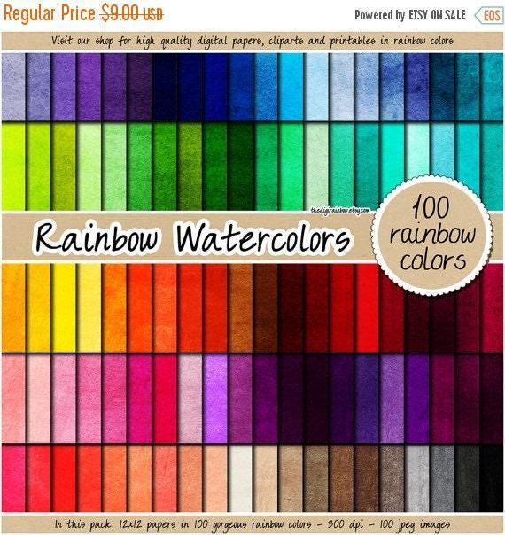 100 Watercolor Digital Paper Painted Texture Background Rainbow ...