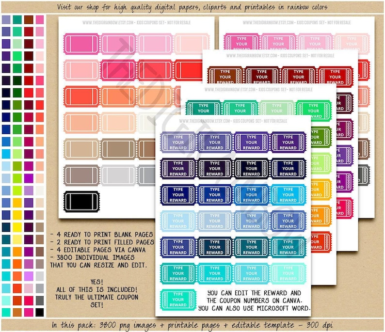 EDITABLE REWARD COUPONS Clipart Printable Reward Tickets Rainbow Blank ...