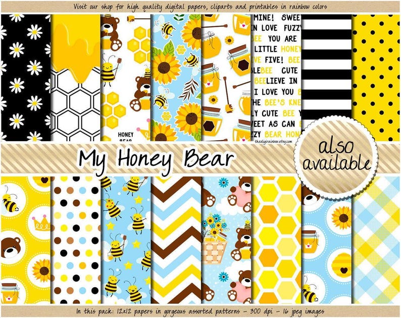 SALE Honey Bee Digital Paper Honeycomb Pattern Floral Pattern Queen Bee ...