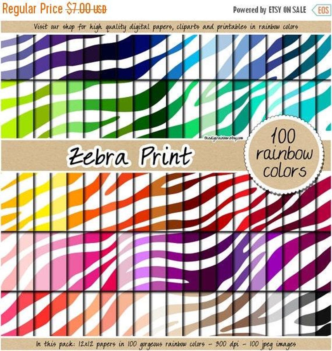 100 Zebra Digital Paper Rainbow Paper Safari Animal Print Scrapbooking ...