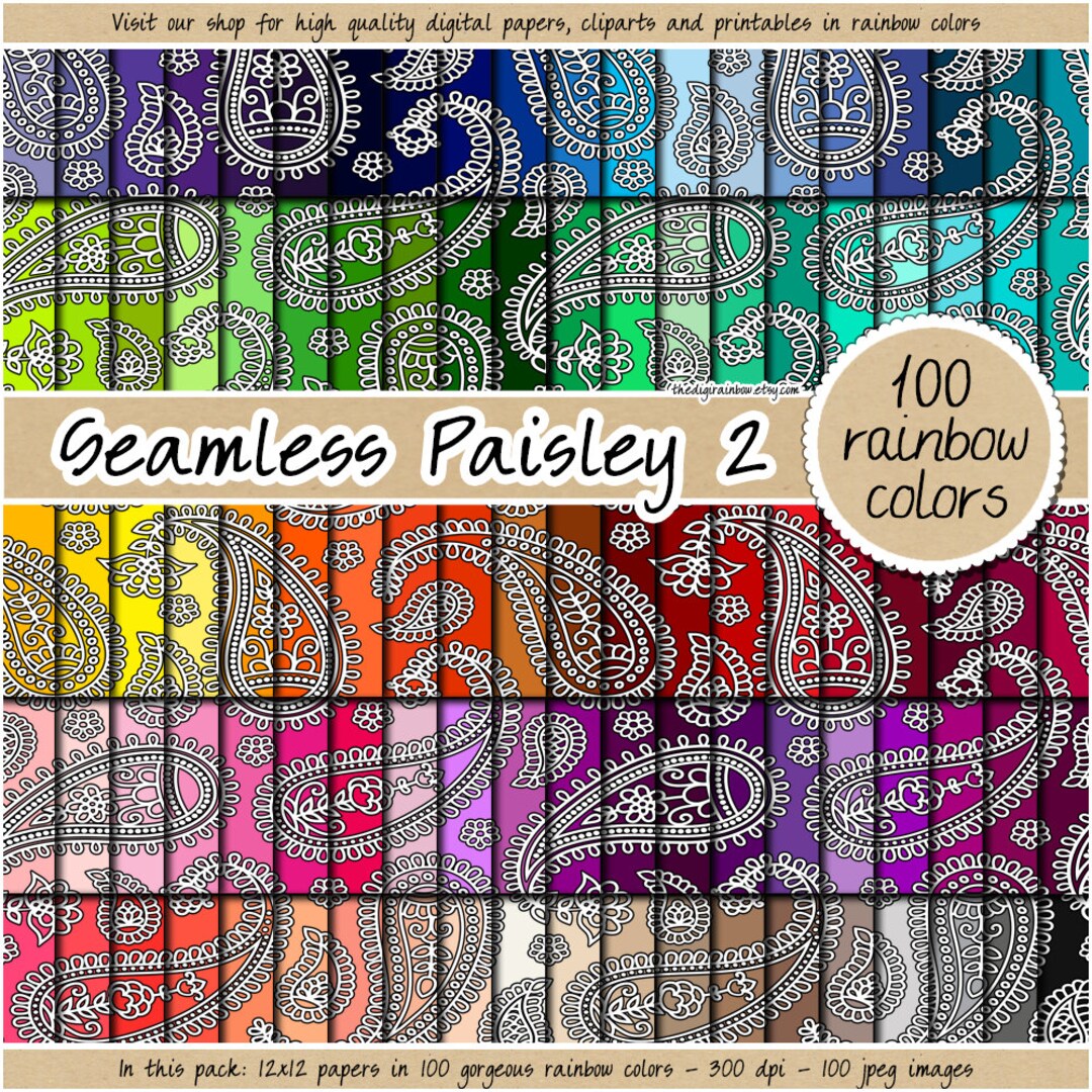 100 SEAMLESS Black Paisley Digital Paper Paisley Clipart Rainbow ...