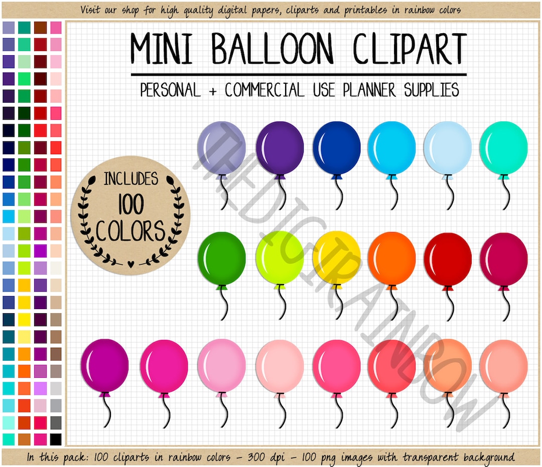 SALE 100 Balloon Printable Sticker Rainbow Balloon Clipart Party ...