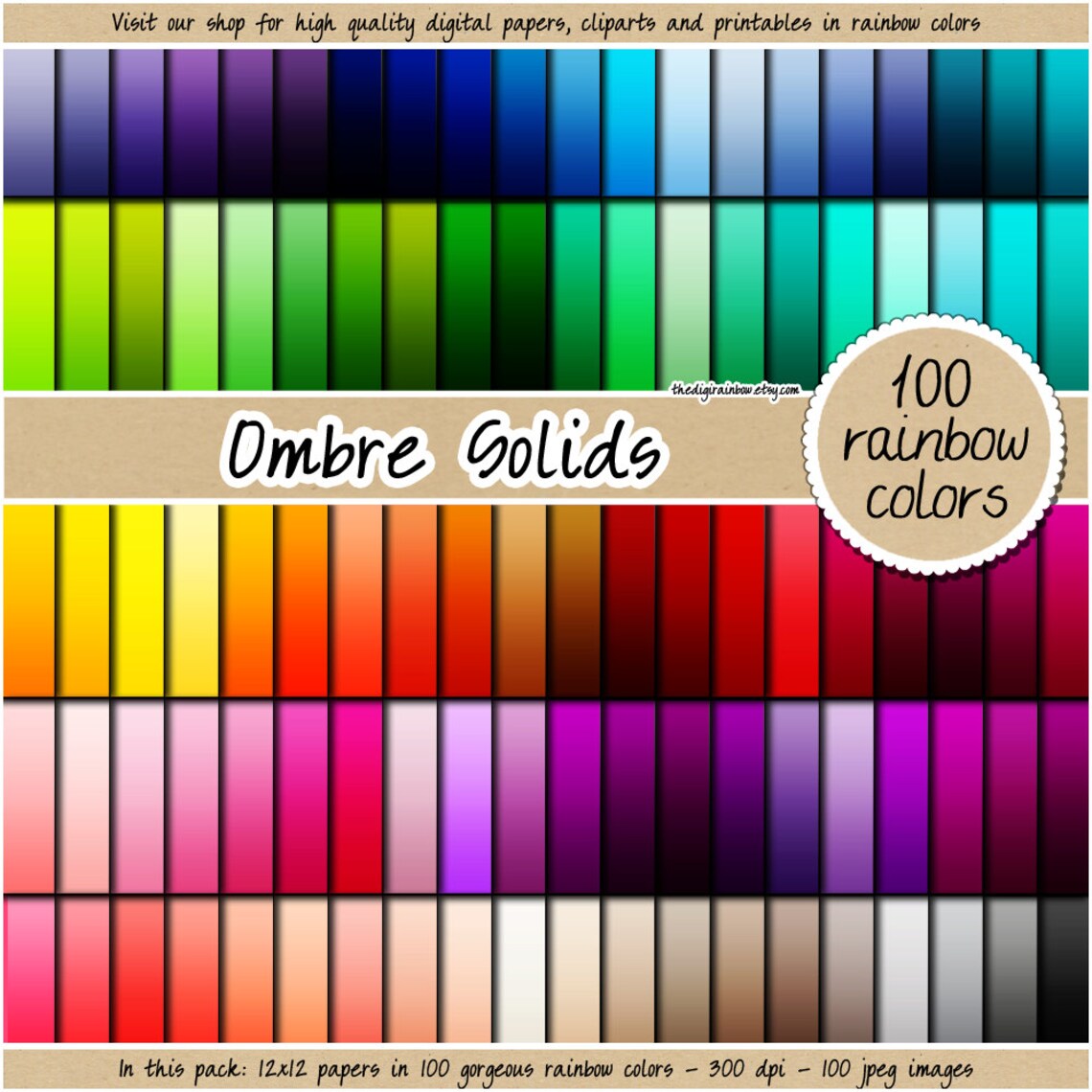 SALE 100 Ombre Rainbow Digital Paper Rainbow Solid Digital - Etsy